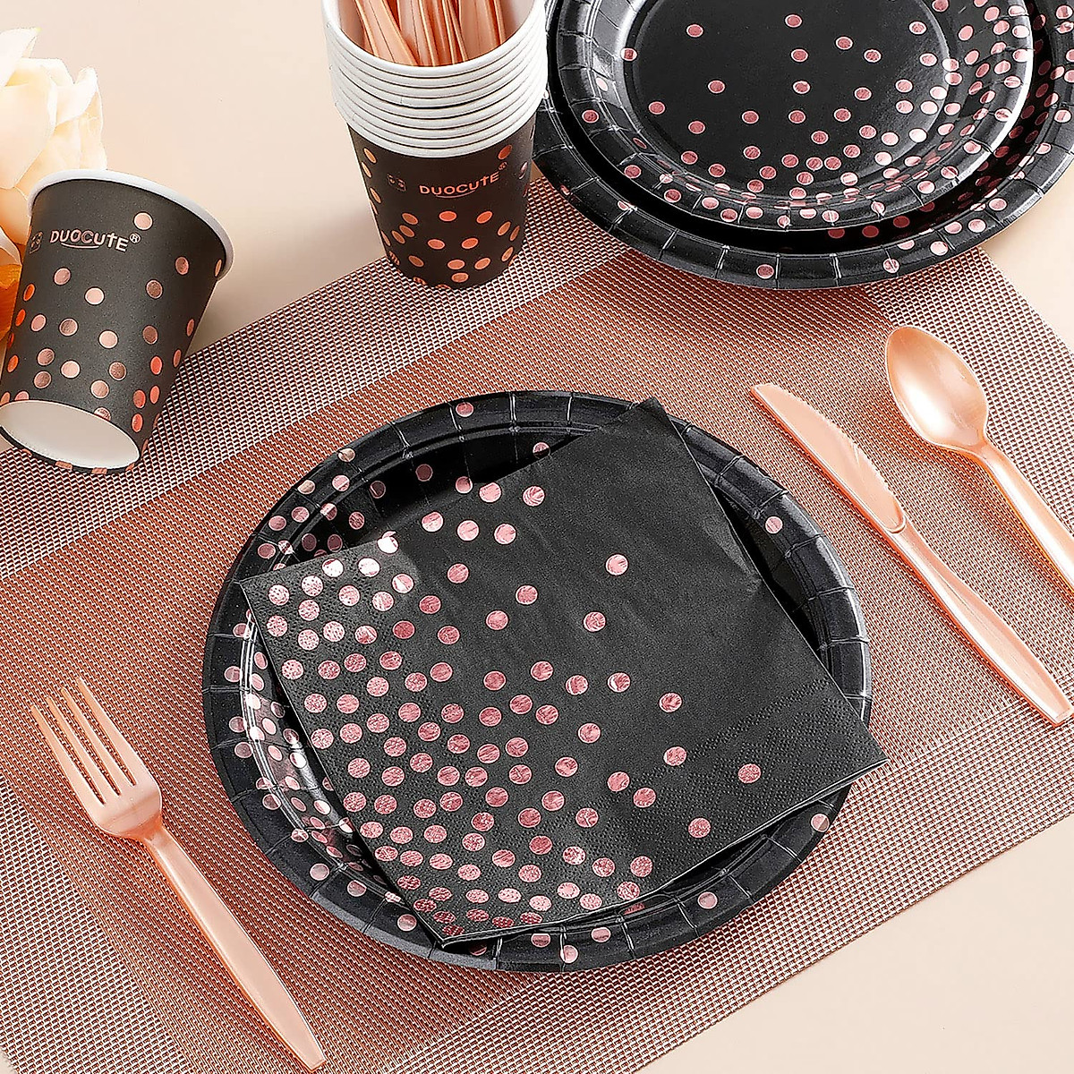 Black and Rose Gold Party Supplies 169 Pieces, Rose Gold Dot Black Paper Plates, Napkins, Cups, Cutlery, Banner for Graduation, Birthday, Cocktail Party, Retirement Party, Serve 24