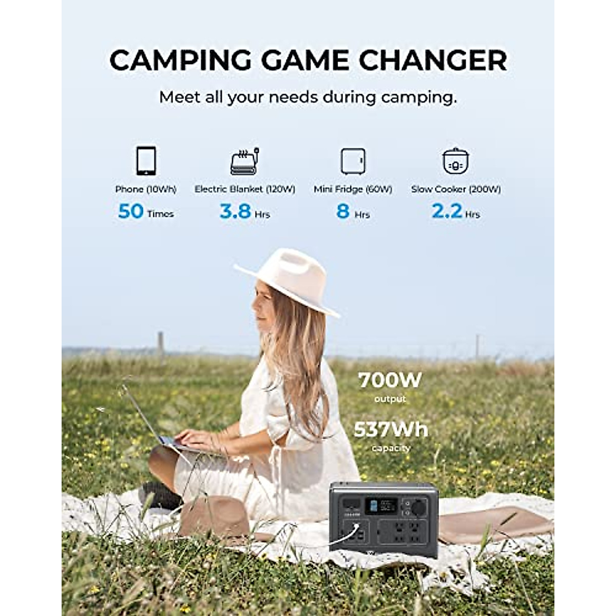 BLUETTI Solar Generator EB55 with 100W Solar Panel Included, 537Wh Portable Power Station w/ 4 110V/700W AC Outlets, LiFePO4 Battery Pack for Camping, Adventure, Emergency