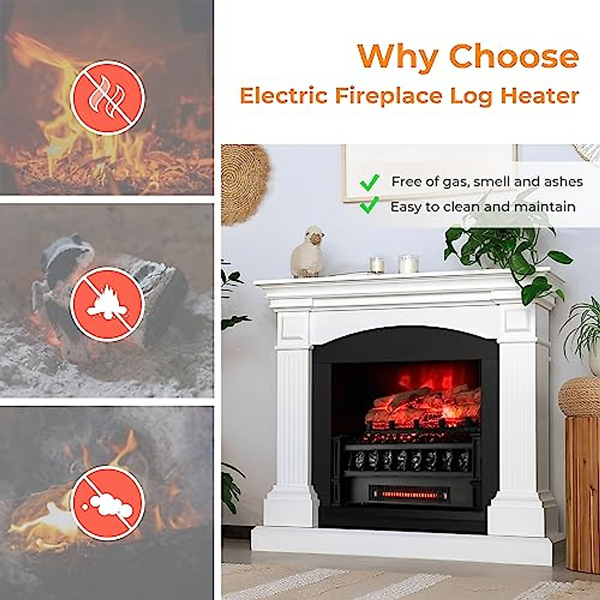 COSTWAY Eternal Flame Electric Fireplace Log, 20-inch Fireplace Insert Log Heater with Realistic Birchwood Ember Bed, Adjustable Temperature, 1500W Infrared Electric Fireplace for Home Decor, Black