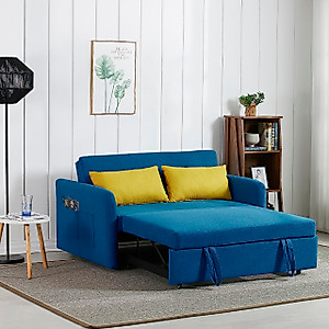Bellemave Pull Out Sofa Bed Convertible Loveseat Sleeper Sofa with USB Charging Port & Arm Pocket, Modern Adjustable Sofa Bed with 2 Pillows, for Living Room, Apartment, Blue Yellow