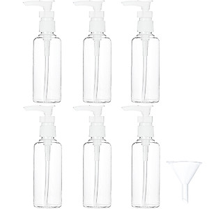 TecUnite 6 Pack Small Pump Bottles Clear Travel Bottle Plastic Empty Spray Dispenser Hand Lotion Sanitizer Refillable Accessories Set with Small Funnel for Flight, Airport, Holiday(100 ml,White)