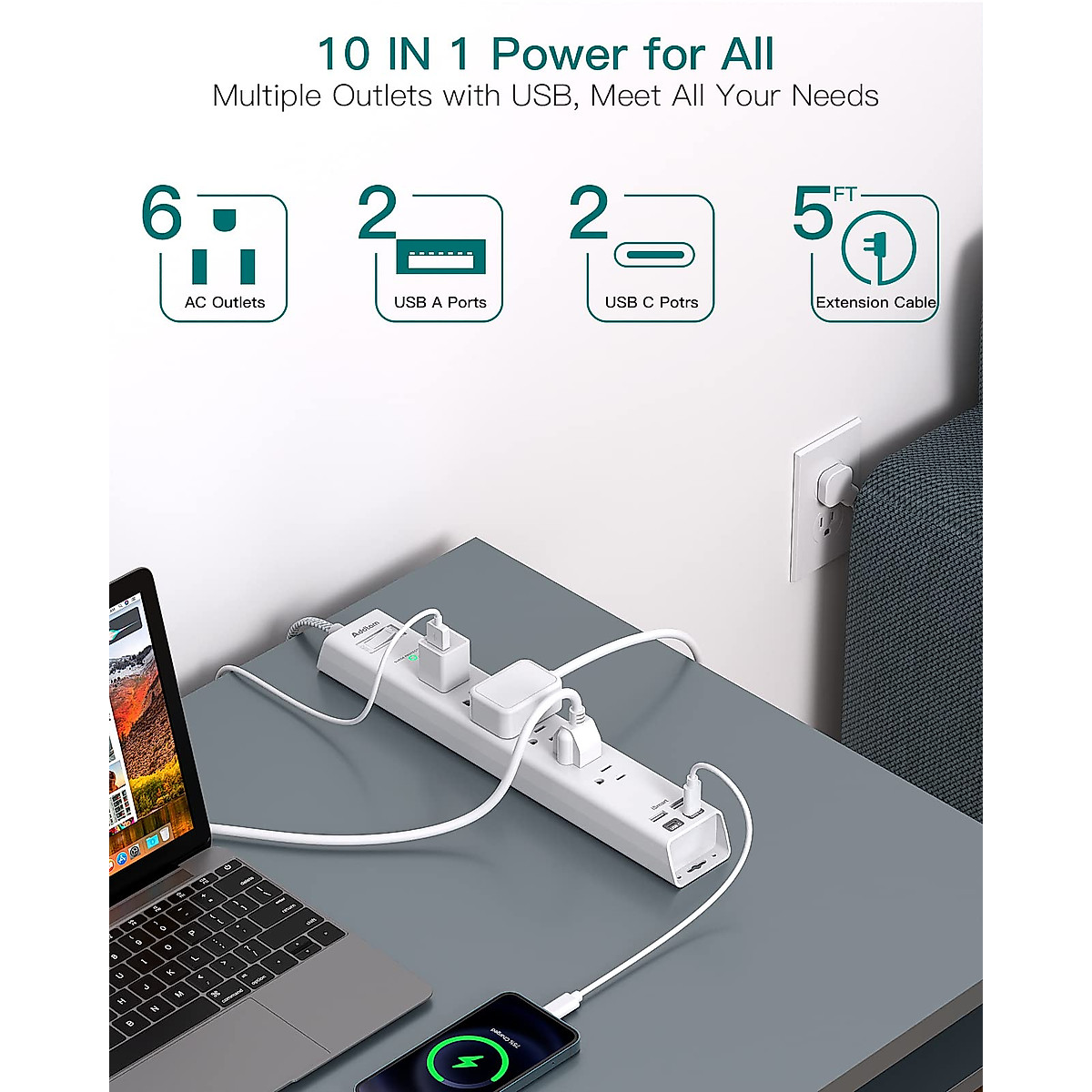 Power Strip Surge Protector with USB C - Flat Plug Extension Cord with 6 AC Outlets 4 USB (2 USB C), Wall Mount, 5ft, 900 J, Multi Plug Outlet Extender for Home Office Dorm Room Essentials