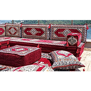 Maroon L Shaped Futon Sofa Bed, Corner Floor Couch, Sectional Sofas, Yoga Sofa Sets, Handmade Living Room Furniture, Sofa Covers (L Sofa + Rug + Poufs)