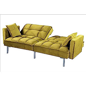 Container Furniture Direct Regal Convertible Sleeper Sofa Bed, Velvet Pull Out Couch with Mid-Century Style, Tufted Design and Metal Legs, Ideal for for Guests and Sleepovers, Greenish Yellow
