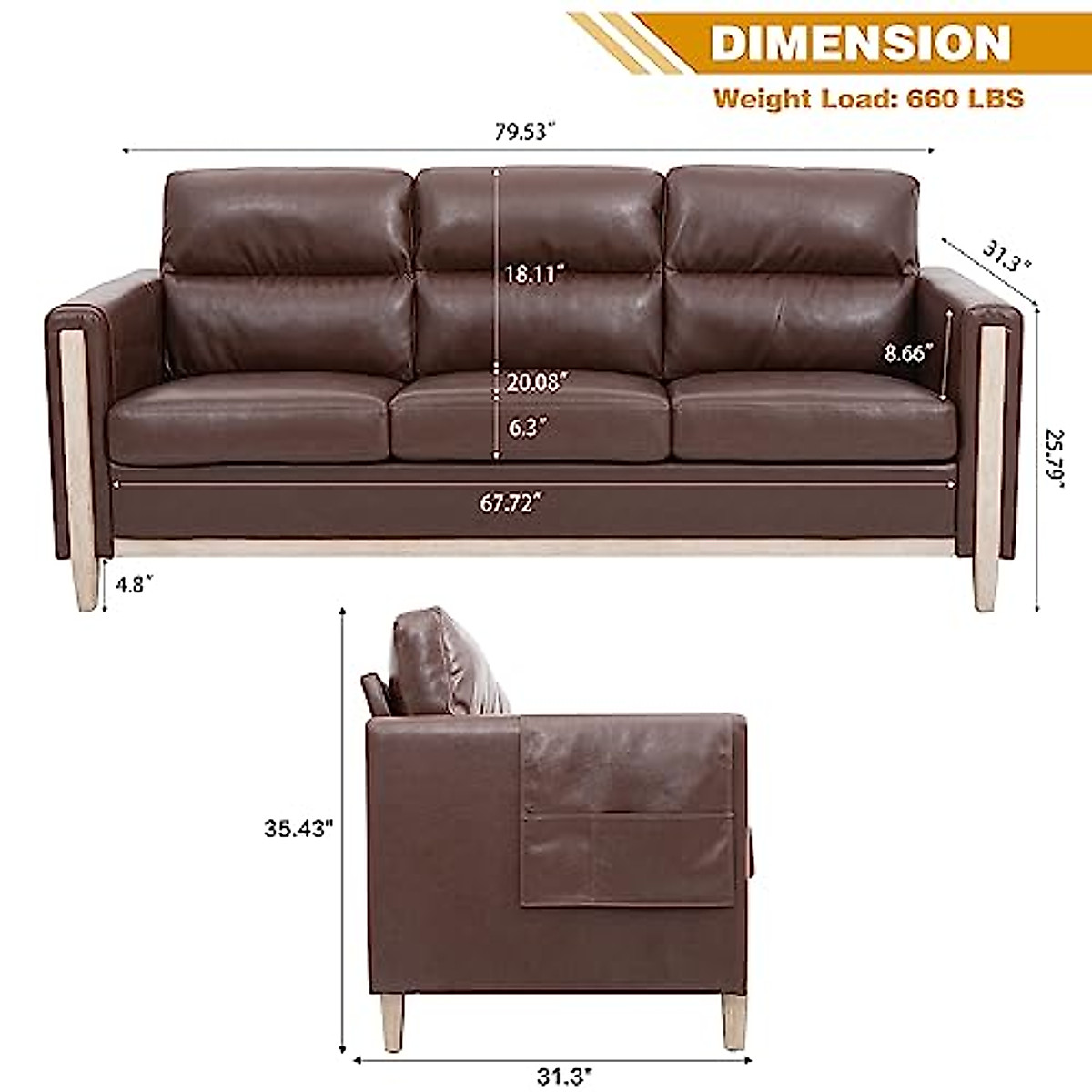 Nicemoods 79.5" PU Leather Sofa Couch with 2 Side Storage Pockets,3 Seater Sofa with Rubber Solid Wood Base&Legs,Soft Cushions,Thick Backrest,Couches for Living Room/Office/Apartment (Brown)