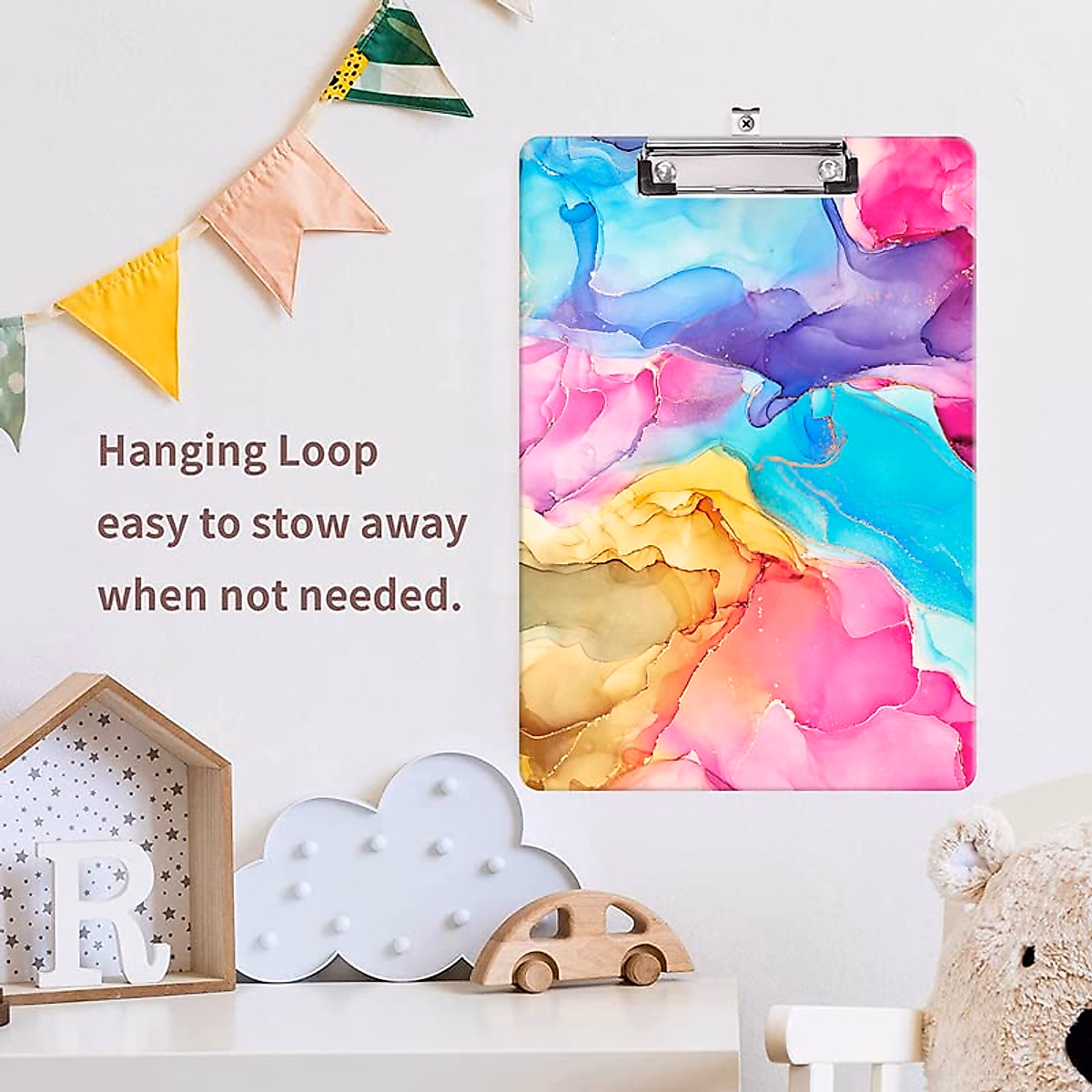 Office Clipboard, Cute Clipboard with Designs A4 Standard Letter Size Wooden Hardboard Clipboards Retractable Hole for Hanging Decorative Clip Board (C-Pretty Marble-8)