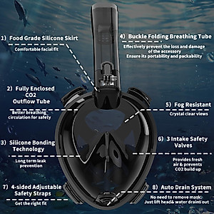 SABRE COVE R10 Full Face Snorkel Mask Adults, Snorkeling Mask Gear for Adults&Kids, Fully Enclosed CO2 Outflow, Silicone Bonding Anti-Leak&Fog, Buckle Folding for Portability-L/XL BlackSemiTransparent