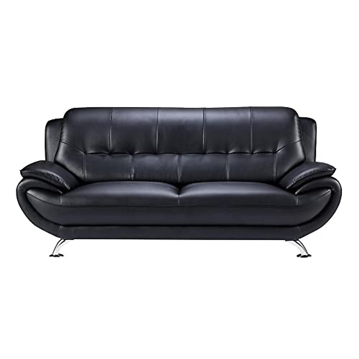 Benjara Leatherette Upholstered Wooden Sofa with Bustle Back and Stainless Steel Legs, Black