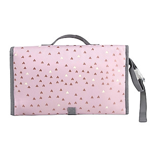 Portable Diaper Changing Pad Station Waterproof for Baby Girl, Boy with Padded Head Rest, Wipes Dispenser (Pink Hearts)