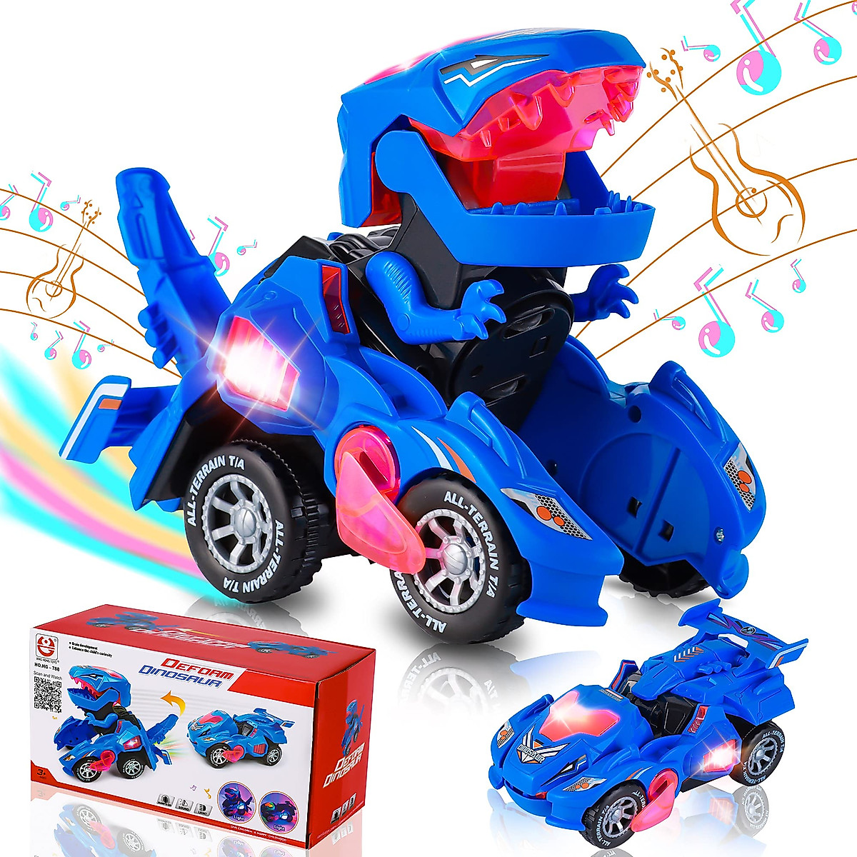 Hirger Transforming Car Dinosaur Toy for Kids 2-5: Dino Transformer Toy Car with Light Music for Toddlers 1-3 | Christmas Birthday Gifts for Boys Age 4-6