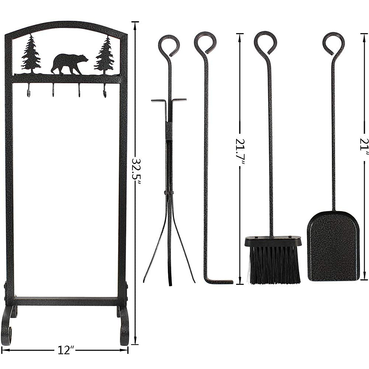 MYFIREPLACEDIRECT 5 Pieces Fireplace Tool Set Strength Wrought Iron, Fire Place Toolset Indoor Outdoor Hearth Accessories Kit with Fireplace Brush, Fire Poker, Firewood Tong, Fireplace Shovel, Glove