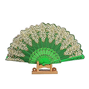 PHONME Multipurpose 3 pcs Fashion Folding Fan Flower Lace Silk Wedding Dance Party Stage Performance Decoration Fashion Stamping Hand Held Fan for Decoration Vintage style (Color : Navy)