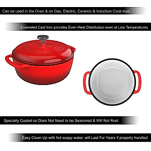 Classic Cuisine Cast Iron Dutch Lid 6 Quart Enamel Coated Oven or Stovetop-For Soup, Chicken, Pot Roast and More-Kitchen Cookware, Red