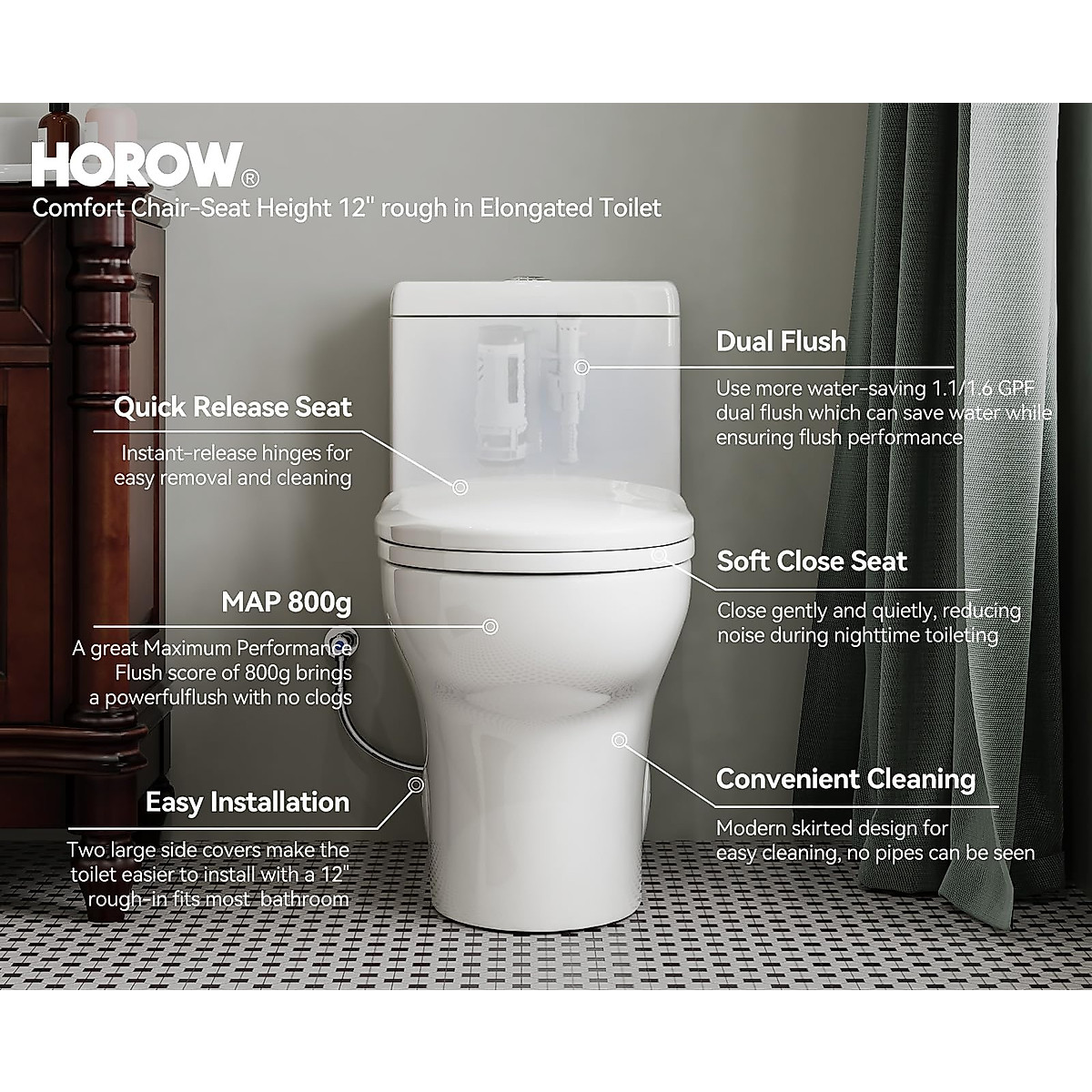 HOROW HR-ST076WD Dual Flush Elongated Toilet with Soft Close Seat, High-Efficiency Supply, Standard Bathroom Toilet 12" Rough-In, White Finish
