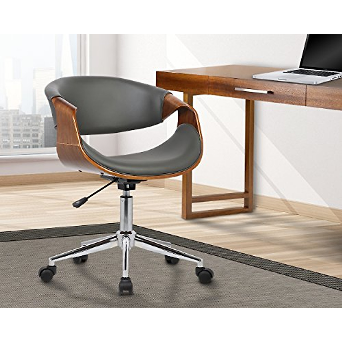 Armen Living Geneva Office Chair in Grey Faux Leather and Chrome Finish
