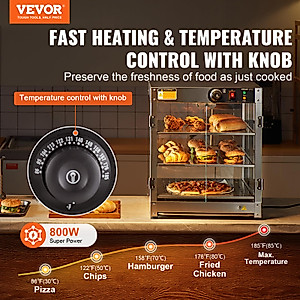 VEVOR 3-Tier Commercial Food Warmer Display, 800W Food Display Warmer with Light to Enhance Food Display, 86℉~185℉ Temperature Control, 90L Large Capacity for Hamburger, Pizza, Bread, Fried Chicken