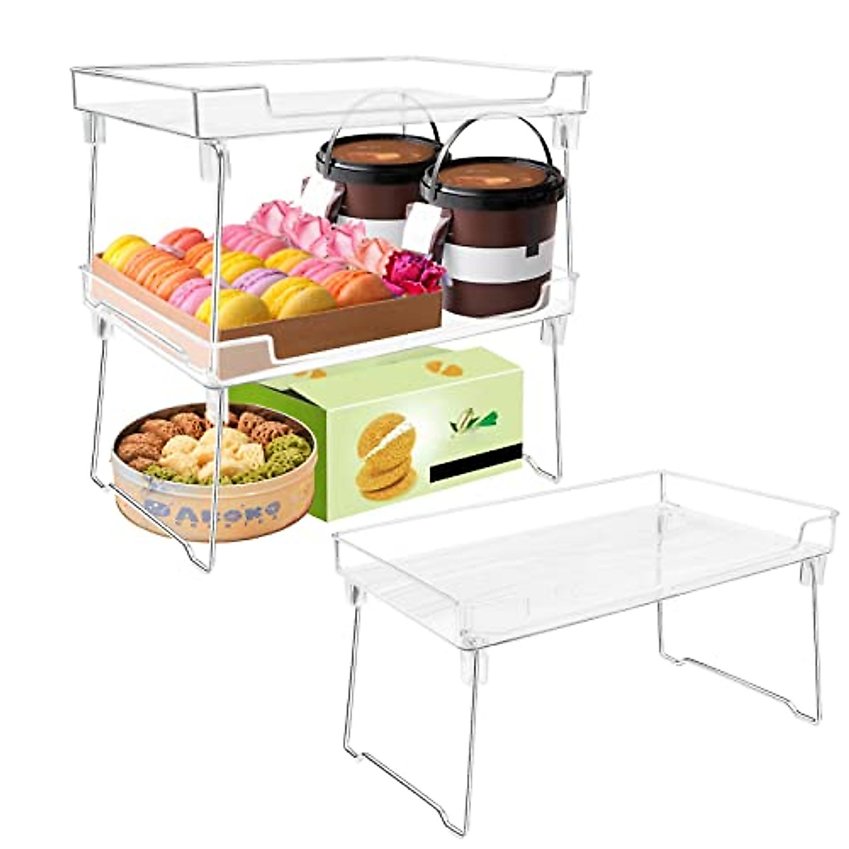 3 Packs Acrylic Cabinet Storage Shelf Organizers, LASZOLA Clear Plastic Kitchen Counter Cabinet Shelves Stand with Stainless Steel Metal Leg for Pantry Countertops Bathroom - Stackable & Foldable