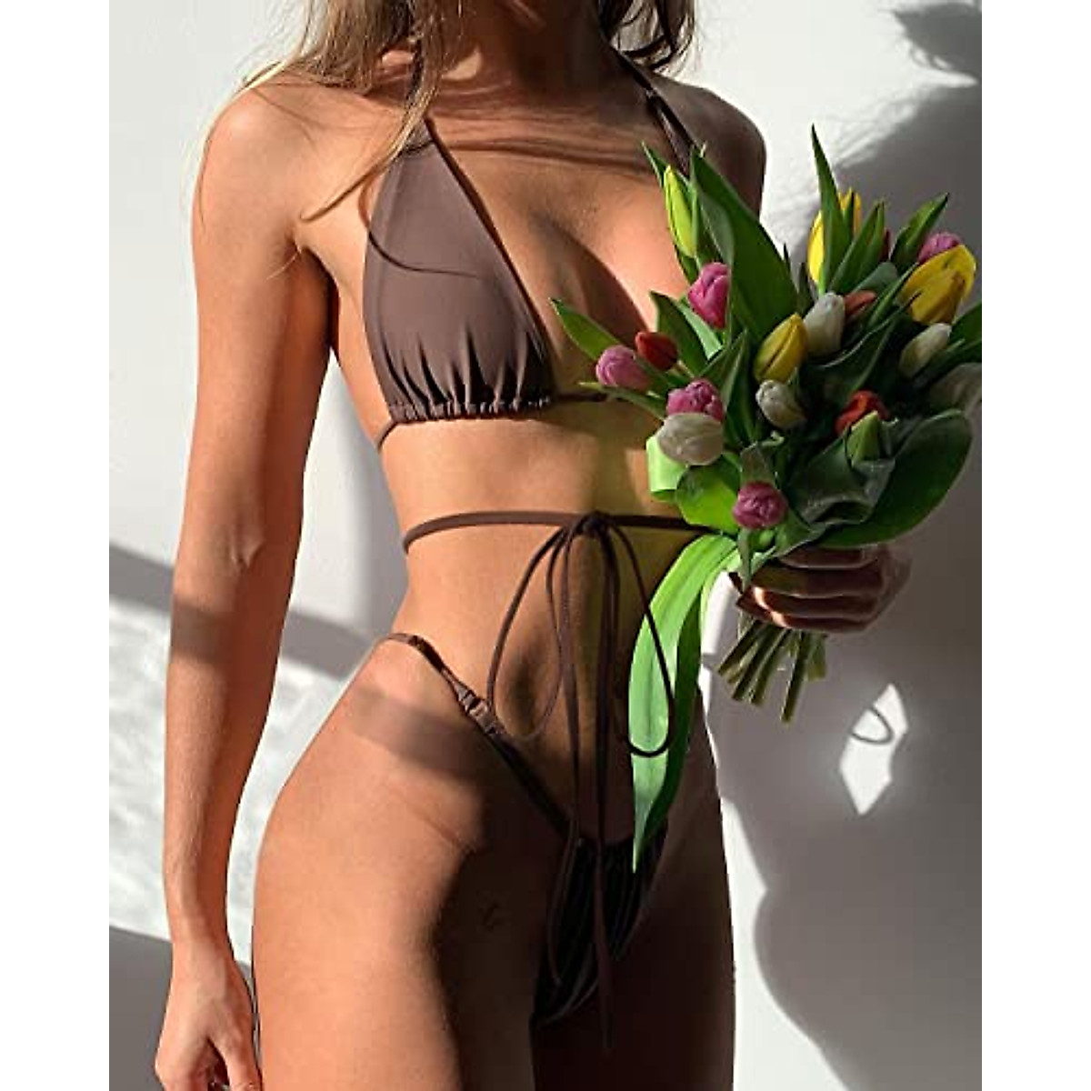 Women Halter String Bikini Set Sexy Thong Cheeky Two Piece Swimsuits Solid Color Bathing Swimwear