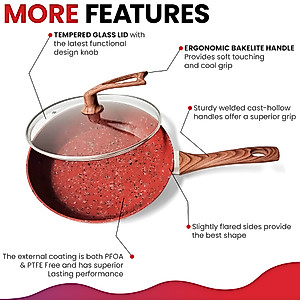 CopperKitchen 10 Inch Frying Pan with Special Lid - Deluxe Copper Granite Stone Coating - PFOA PFOS PTFE Free - Premium Nonstick Scratch Proof Coating - Comes with Special Lid, Red