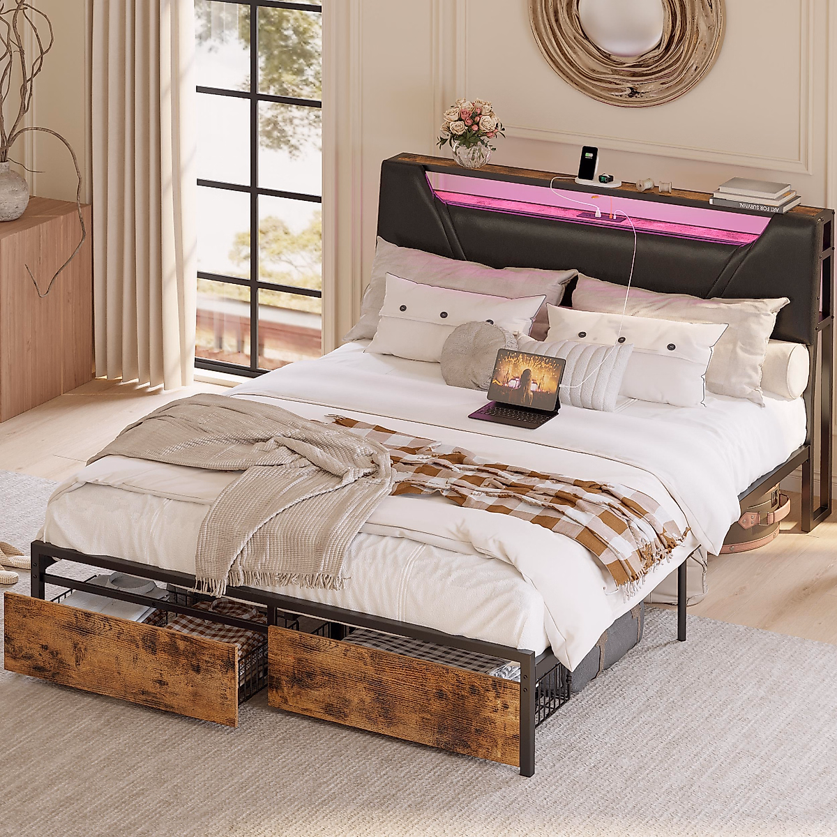IRONCK Queen Bed Frame with Drawers, Ergonomic Storage Headboard with Charging Station, LED Light, Solid and Stable, No Box Spring Needed
