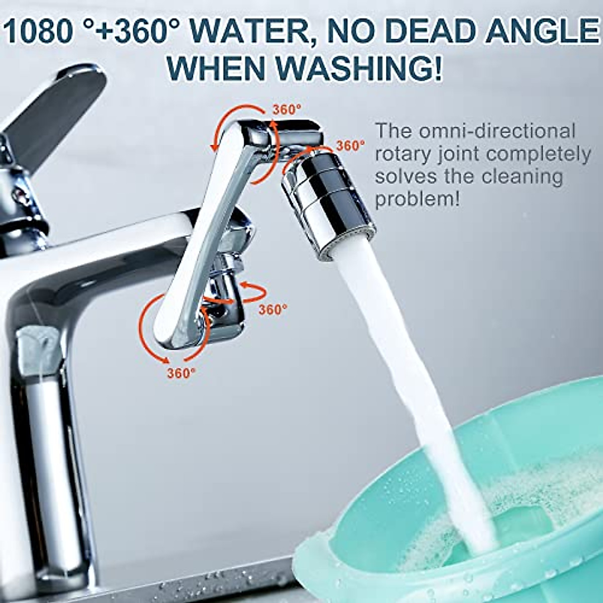 1440° Rotating Faucet Extender Aerator 1080°+360° Universal Large Angle Robotic Arm Water Nozzle Swivel Faucet Extender for Face Washing Gargle and Eyewash with 2 Water Outlet Modes