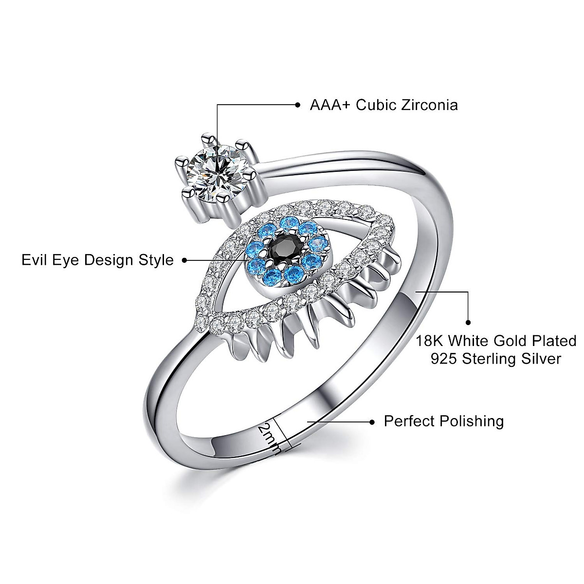 JUSTKIDSTOY Sterling Silver Evil Eye Ring Open Rings Adjustable Openable for Women (Silver)