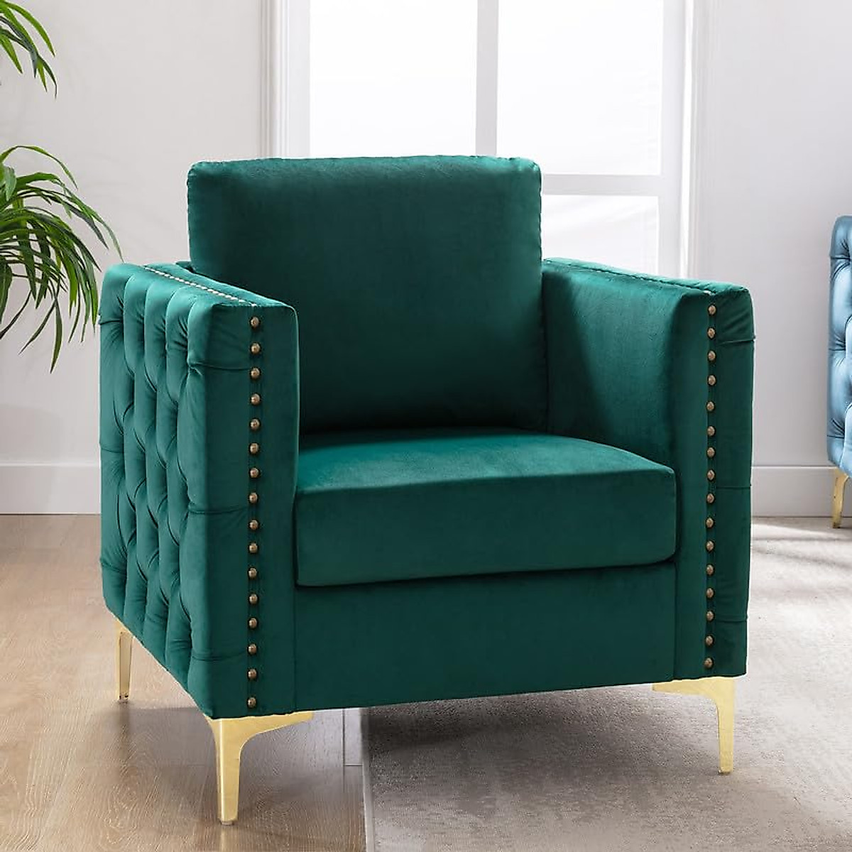 Modern Velvet Accent Chair, Tufted Button Armchair with Pillow and Decorative Nailheads Single Lounge Sofa Chair Club Chair with Steel Legs for Living Room Bedroom Office (Green)
