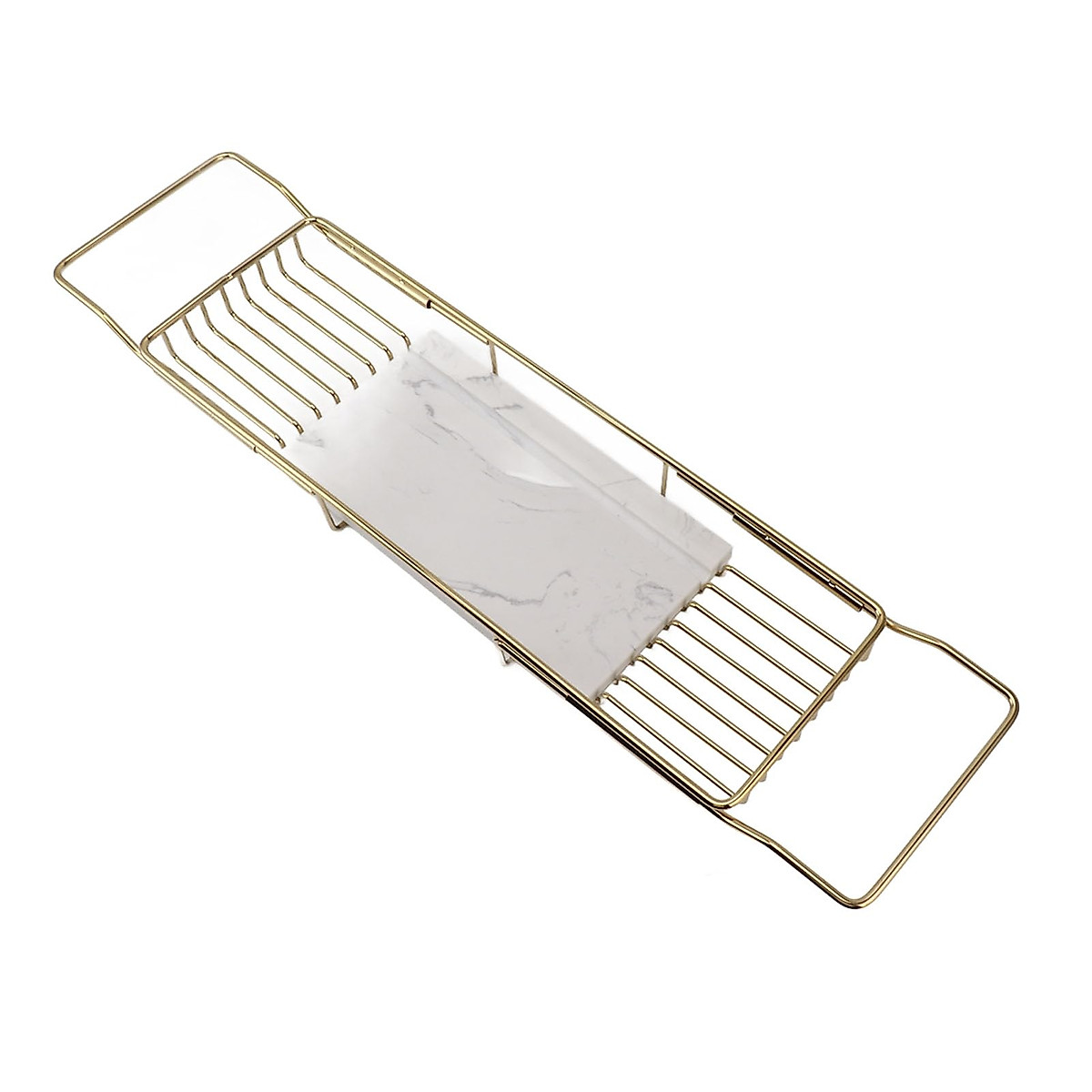 Metal Marble Bathtub Rack, Bathtub Caddy Tray Stainless Steel Shower Caddy Tray with Extending Sides, Bathroom Trays (Gold White)