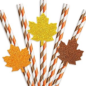 Whaline 60Pcs Thanksgiving Maple Leaf Paper Straws Fall Glitter Leaf 3 Color Disposable Drinking Straws Orange Brown Stripeed Straws with Glue Points for Autumn Thanksgiving Party Supplies