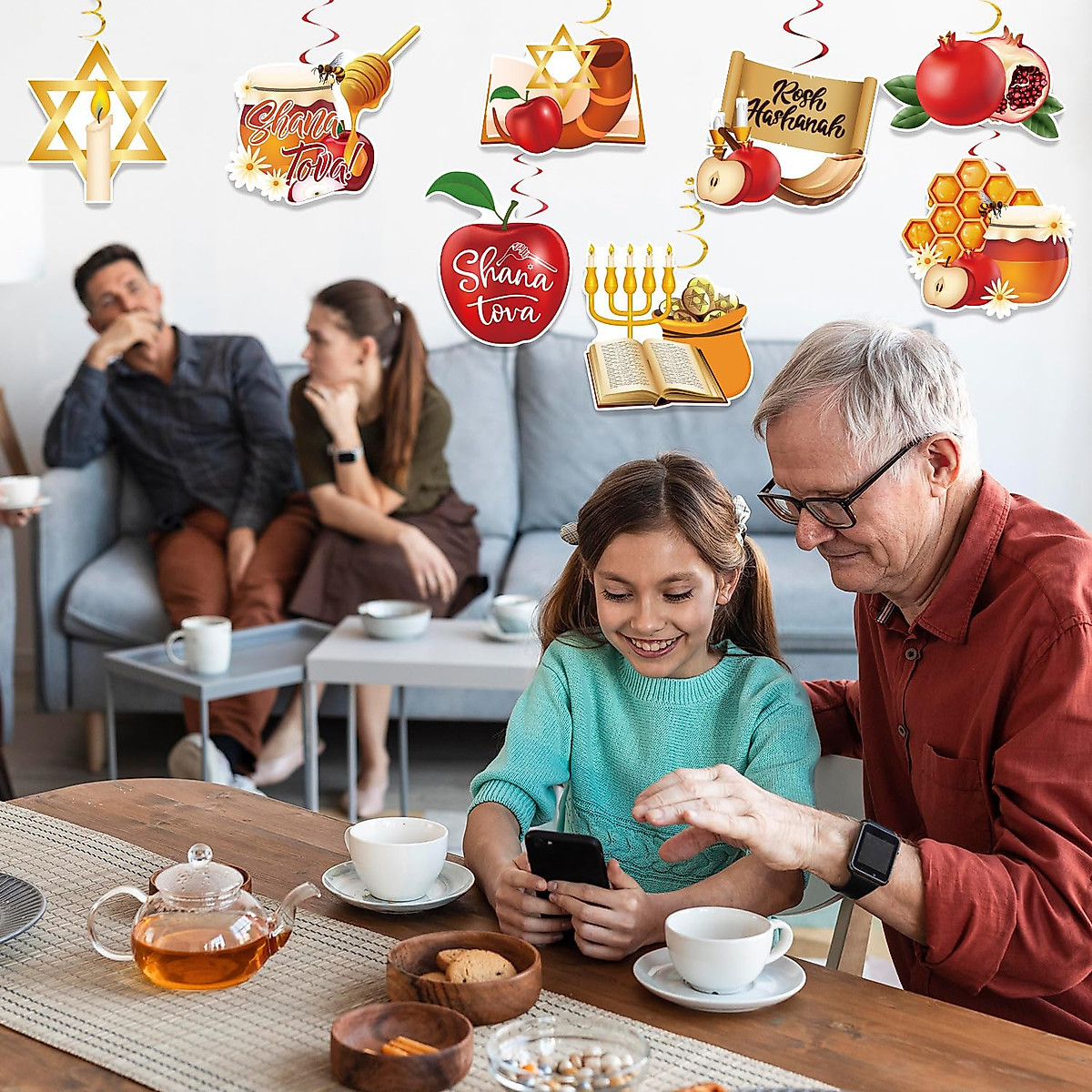 LOONELO 38pcs Happy Sukkot Hanging Swirls, Chag Sameach Party Foil Ceiling Swirls Streams, Happy Sukkah Sukkot Decorations for Jewish Holiday Celebration Festival Decoration and Party