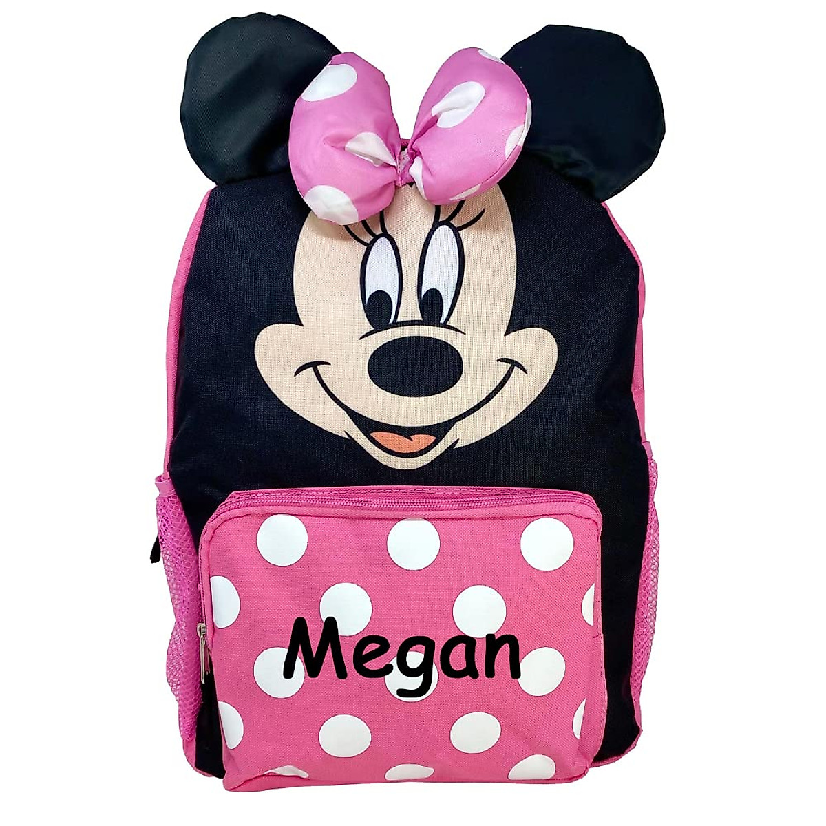 Personalized Minnie Mouse Face with Minnie Bow Pink with White Polka Dots Back to School or Travel Book Bag Backpack - 16 inches
