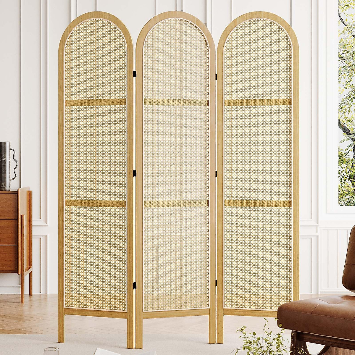 Svimi Room Dividers and Folding Privacy Screens, 5.6 Ft Double Hinged Rattan Partition Freestanding Wall Room Divider for Home - 3 Panels (Natural)