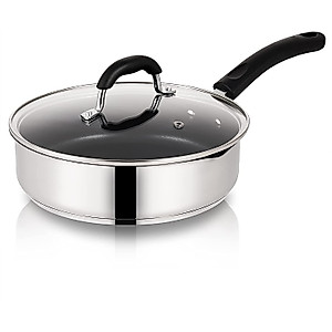 Qstar 3 qt. Stainless Steel Aluminum Nonstick Saute Deep Fry Pan with Lid and Pour Spout