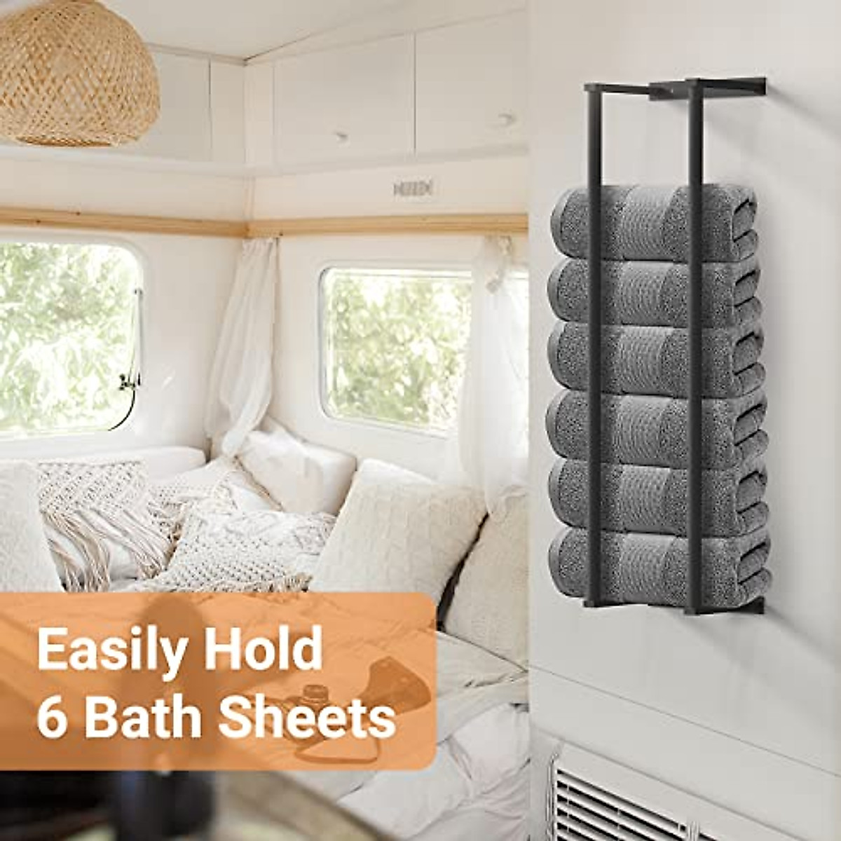 Upgraded Wall Towel Rack for Rolled Towels with 2 Hooks, Bathroom Towel Storage Wall Mounted, Modern Stainless Steel Wall Towel Rack for Small Bathroom Wall Organizer for Small RV Camper