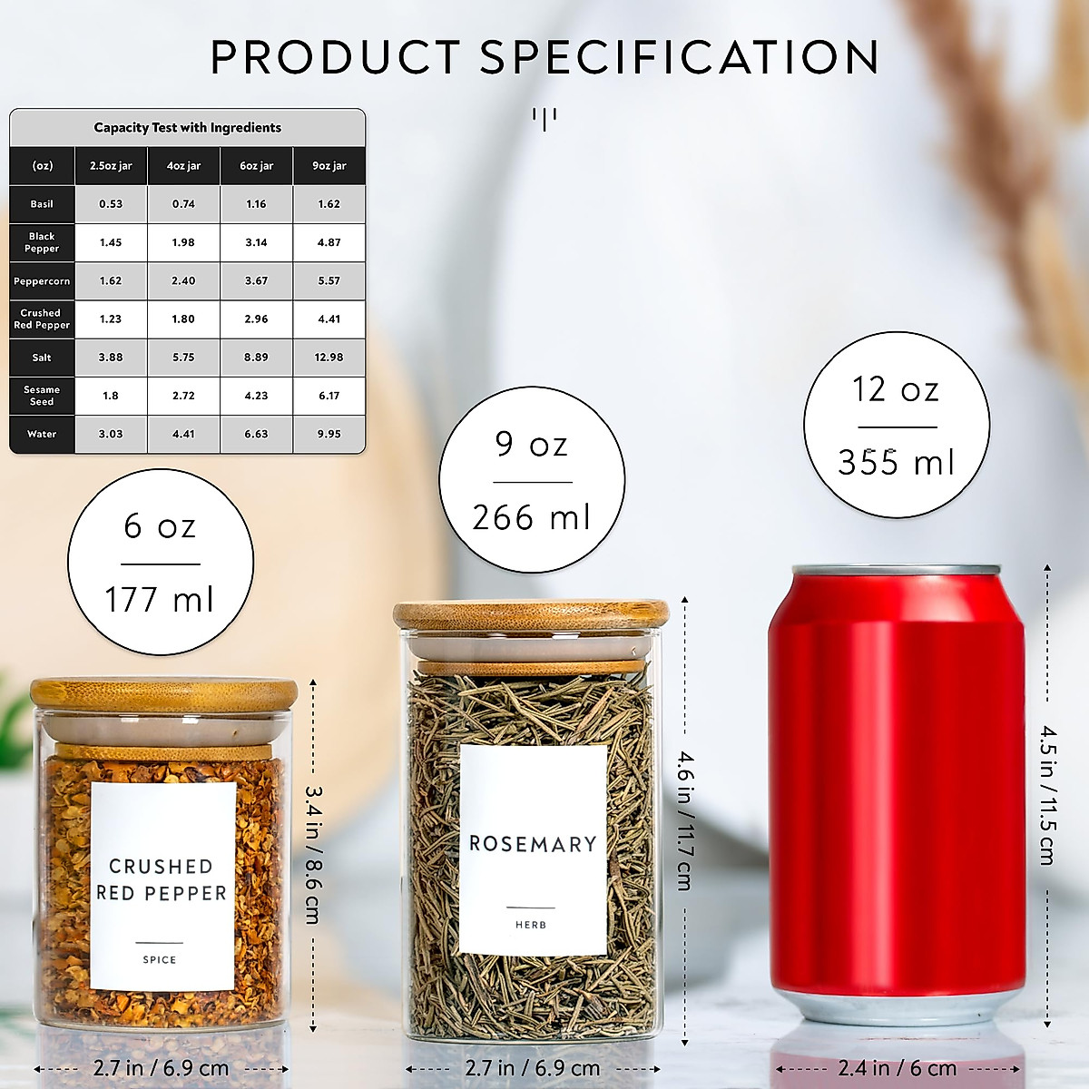 Laramaid 6oz 12Packs Glass Jars Set, Cylinder Spice Jars with Bamboo Lids and Customized Labels, Food Storage Container Canisters for Home Kitchen, Spice, Herbs, Seasoning, Seed, Tea, Sugar, Salt