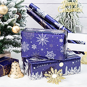 WRAPAHOLIC Christmas Wrapping Paper Roll - Mini Roll - 3 Rolls - 17 Inch x 120 Inch Per Roll - Dark Blue House, Reindeer, Snowflake Holiday Collection with Metallic Foil Shine