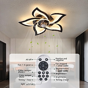 Dalouguan Ceiling Fan with Lights Remote Control, 24" Black, 6 Speeds 3 Light Color Low Profile Flush Mount Ceiling Fan for Kitchen Bedroom