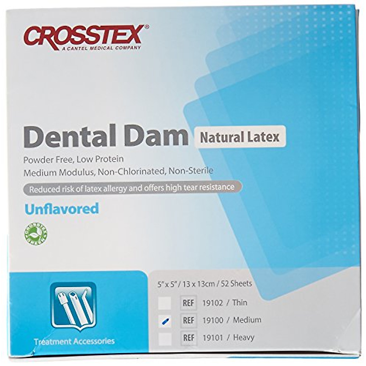 Crosstex 19100 Dental Dam, Latex, Unflavored, Medium Gauge, 5" x 5" Size, Blue (Pack of 52)