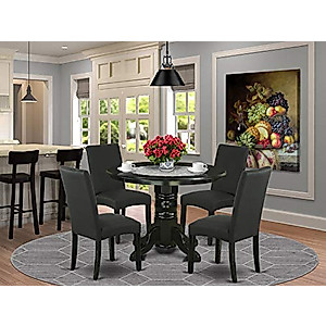 EAST WEST FURNITURE 5Pc Rounded 42 Inch Dining Table And Four Parson Chair With Black Finish Leg And Linen Fabric- Black Color