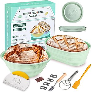 Dimpola Banneton Bread Proofing Baskets - 9 Inch Round & 10 Inch Oval Foldable Silicone Sourdough Baking Basket, Complete Set for Bread Making With Essential Tools, Easy to Clean and Storage