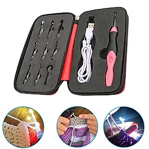 JahyShow 9 in 1 Rechargeable LED Lighted Crochet Hooks Set with Zip Case Light Up Knitting Needles Kit (Interchangeable Heads Size from 2.5mm to 6.5mm)