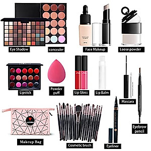 All in One Makeup Kit For Girls Include Eyeshadow Cosmetic Brush Concealer Lipstick Lip Gloss Concealer Stick Mascara Eyeliner Eyebrow Pencil Lip Balm Powder Puff Loose Powder-Makeup Set