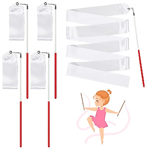 HyDren White Gymnastics Ribbon Sticks 4 Pieces Rhythmic Dancing Streamers Praise Ribbon Dancer Wand Twirling Baton for Adults Kids Ribbon Streamers for Talent Shows Artistic Dancing(White,4 Pieces)