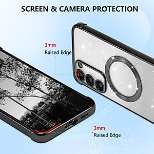 ZTOFERA Clear Magnetic Case for Samsung Galaxy S23 Plus 5G with Gradient Glitter Peice(2 in 1), Luxury Plating Cute Transparent Bling Sparke Case for Women Girls,Shockproof TPU Protector Cover-Black
