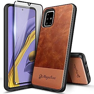 E-Began Case for Samsung Galaxy A51 4G with Tempered Glass Screen Protector (Maximum Coverage), Premium Cowhide Leather Hybrid Defender Protective Shockproof Rugged Durable Case -Brown