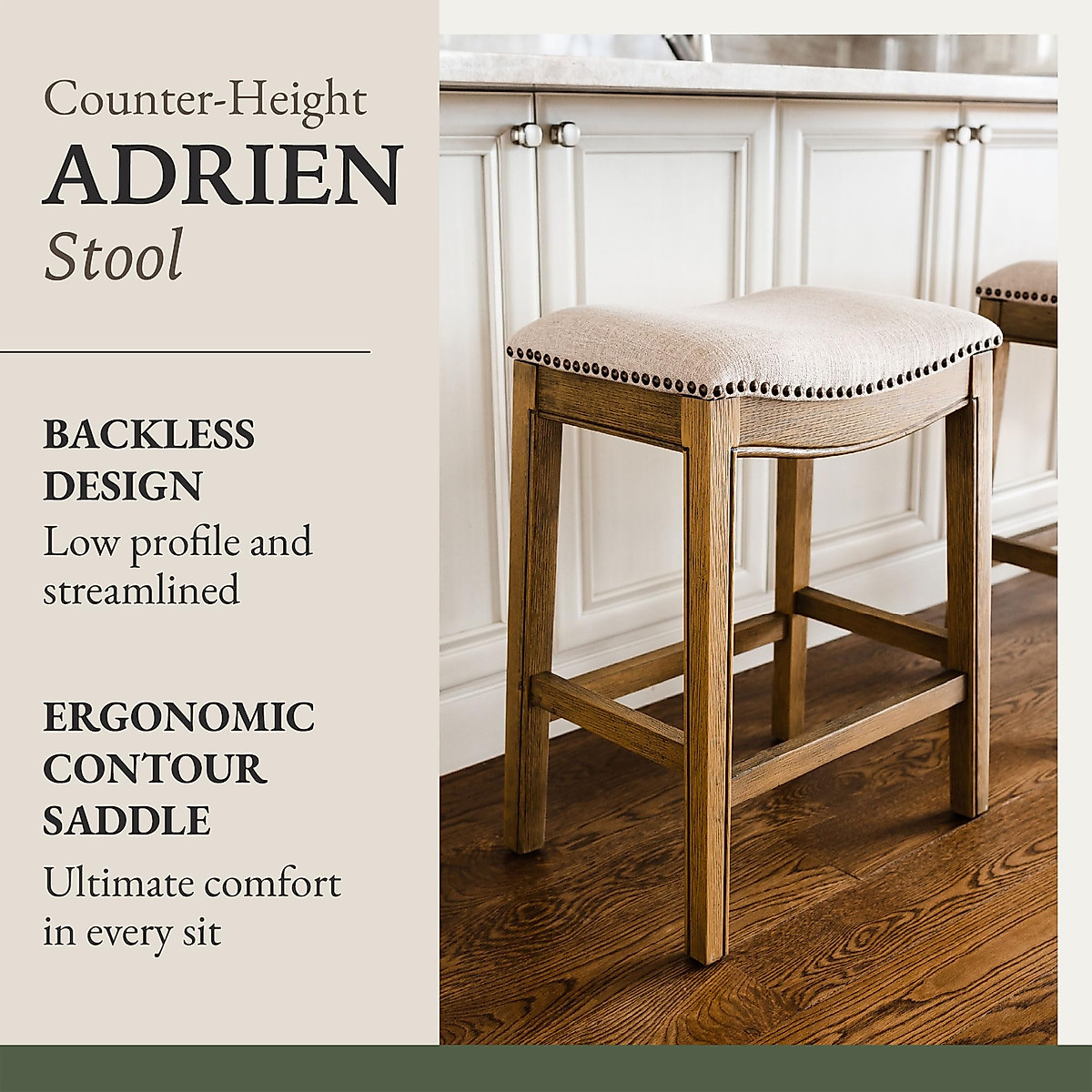 Maven Lane Adrien 26 Inch Counter Height Upholstered Backless Saddle Barstool in Natural Wood Finish with Wheat Cream Fabric Cushion Seat