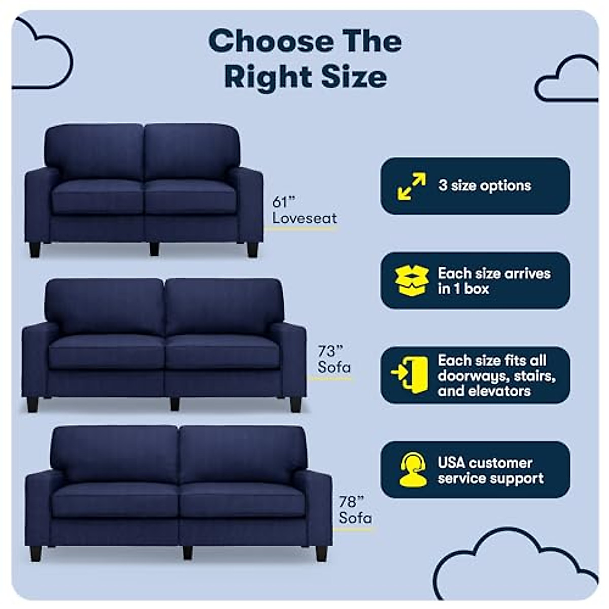 Serta Palisades 78" Track Arm Sofa, Easy Care Polyester, Soft Pillow Back, Pocket Coil Seat Cushions, Removable Covers, Loveseat or Couch for Small Spaces, Living Rooms or Bedrooms, Navy Blue