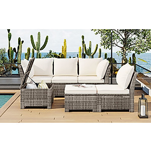 DHPM Furniture 6 Pieces Outdoor Sectional PE Rattan Sofa Brown Manual Wicker Patio Conversation Set with 2 Corner, 2 Single Chairs, 1 Ottoman and 1 Storage Table, Beige