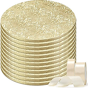 12 Pieces 10 Inch Cake Drums Round with 2 Rolls 1.6/1 Inch Satin White Ribbon Sturdy Cake Boards Wooden Cake Decorating Plate Cake Stands Drum for Home Wedding Bakery Supplies (Gold)