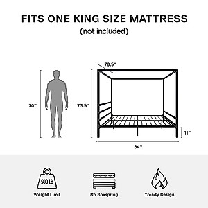 DHP Modern Metal Canopy Platform Bed with Minimalist Headboard and Four Poster Design, Underbed Storage Space, No Box Spring Needed, King, Black